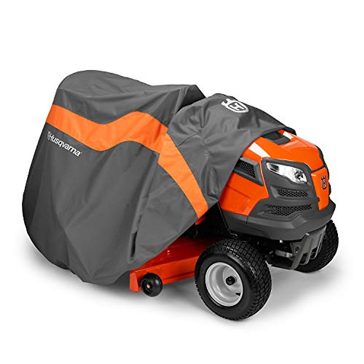 Husqvarna 54-Inch Full-Size Lawn Tractor Cover For Models: YT48CS, GT54CS, YT42LS, YT46LS, YT42DXLS, YT48DXLS, GT52XLS, GT52XLSi, GT54LS, Water-Resistant Riding Lawn Mower Accessories, Orange/Gray
