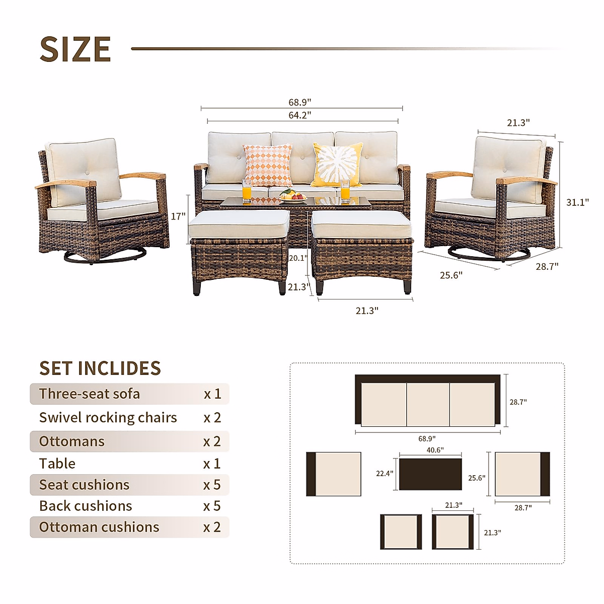MEISSALIVVE Patio Furniture Sets, 6 Pieces Outdoor Rattan Furniture Conversation Sets with 2 Wood Armrests Swivel Rocker Chairs, 2 Ottoman, 3-seat Sofa and Coffee Table(Brown)