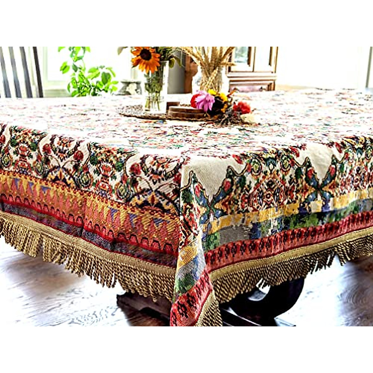 Tache Elegant Ornate Ivory Colorful Paisley Square Tapestry Table Cloth with Tassels, 35x35