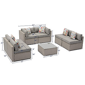 SUNBURY 7-Piece Outdoor Sectional Wicker Sofa in Gray Cushions, Gray Wicker Patio Furniture Set w Glasstop Table for Backyard Garden Porch