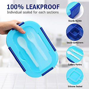 Lunch Box Kids, Bento Lunch Box for Kids Adult, Lunch Box Containers for Girls Boys Teen, 1300ML 4 Compartment Bento Box w/ Food Picks Cake Cups, Microwave/Dishwasher/Freezer Safe, BPA Free, Blue