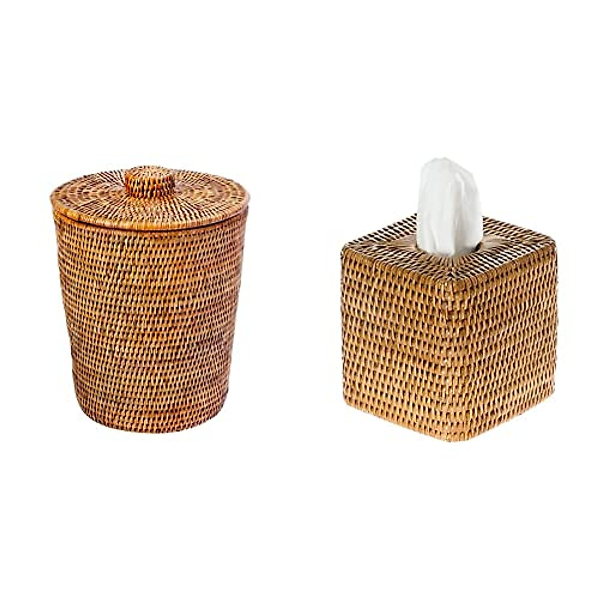 Kouboo La Jolla Rattan Round Waste Basket with Lid & Plastic Insert, 2 Gallon Woven Wastebasket & Home Decor, Honey Brown & 1030055 La Jolla Rattan Square Tissue Box Cover, 5.5" x 5.5" x 5.75"