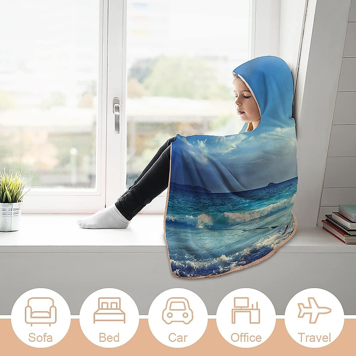 Hooded Blanket Poncho, Ocean Women Men Hooded Blanket, Beach Sunset Waves, Soft Warm Cozy, 40 x 50inches, for Kids Adults Travel Throw Blankets, Multicolor