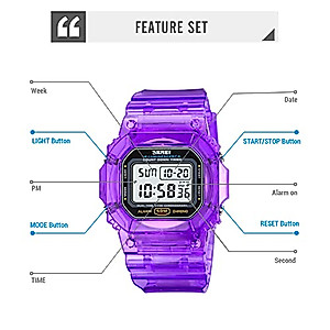 Gosasa Outdoor Sport Unisex Watches Back Light Digital Watches Transparent Multifunctional Wristwatch Casual Style Stopwatch Date 5Bar Waterproof (Purple)