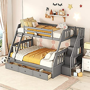 Merax Wooden Twin Over Full Stairway Bunk Bed with Three Storage Drawer, Storage Staircase, Removable Ladder and Safety Guardrail, Convertible to 2 Separated beds, Grey
