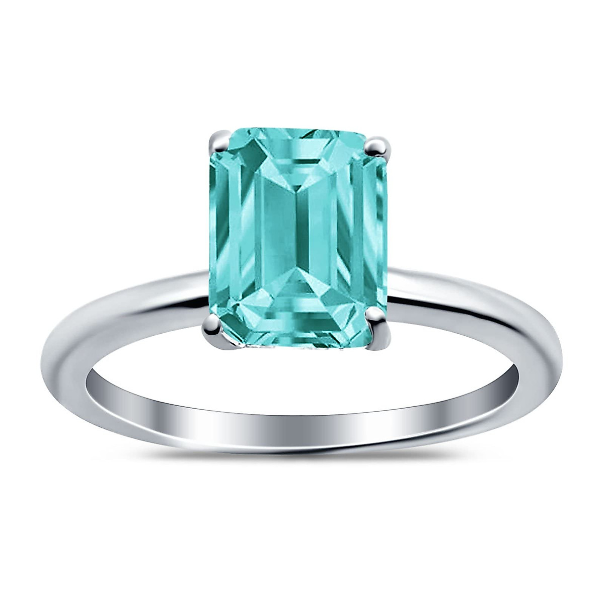 Blue Apple Co. Simulated Paraiba Tourmaline CZ Size-5 Emerald Cut Cathedral Solitaire Wedding Engagement Ring Simulated Cubic Zirconia 925 Sterling Silver Center Stone-(8mmx6mm)