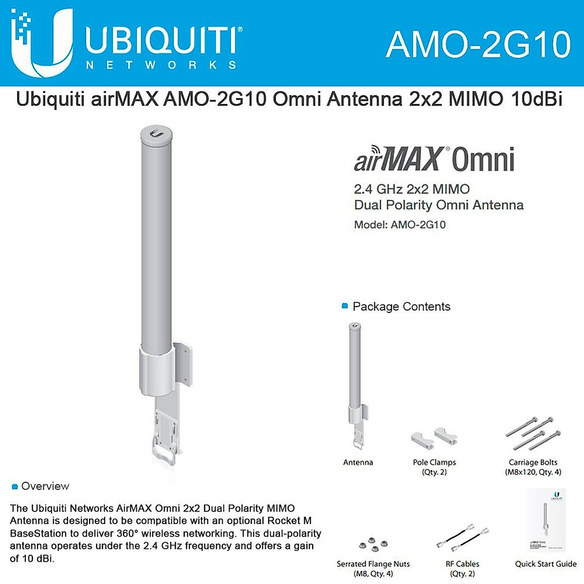 Ubiquiti AMO-2G10 2.4GHz Omni-Directional Antenna Dual-Polarizarion 10DBI
