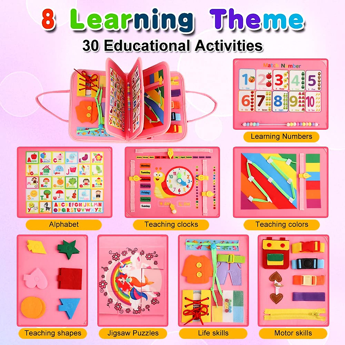 fyjous Busy Board for 1 Year Old, Montessori Busy Board Toys for Toddlers 1 2 3 4 Years Old Sensory Toys Quiet Book for Toddler Girls Educational Activity Airplane Car Travel Toys Birthday