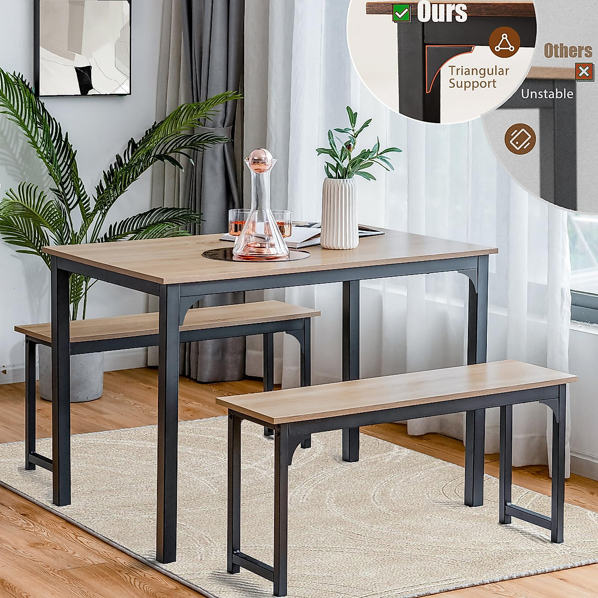 NAFORT 3-Piece Dining Table Set for 4, 43.5" Modern Kitchen Table Set w/2 Benches & Metal Frame, Space Saving Dining Room Table Set with MDF Wood Board, Ideal for Home, Restaurant, etc.