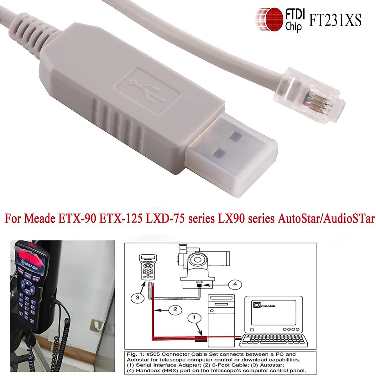 usangreen USB to RJ9 Autostar Audiostar RS232 Interface Handbox Firmware Upgrade Cable for Meade #505 ETX127 ETX125 ETX-90 LXD75 LX80 LX90 LX65 Telscopes (Length:10FT)