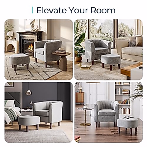 LINSY Velvet Accent Chair, Barrel Chair with Ottoman, Modern Comfy Reading Chair Armchair for Living Room Study Room Office, Gray