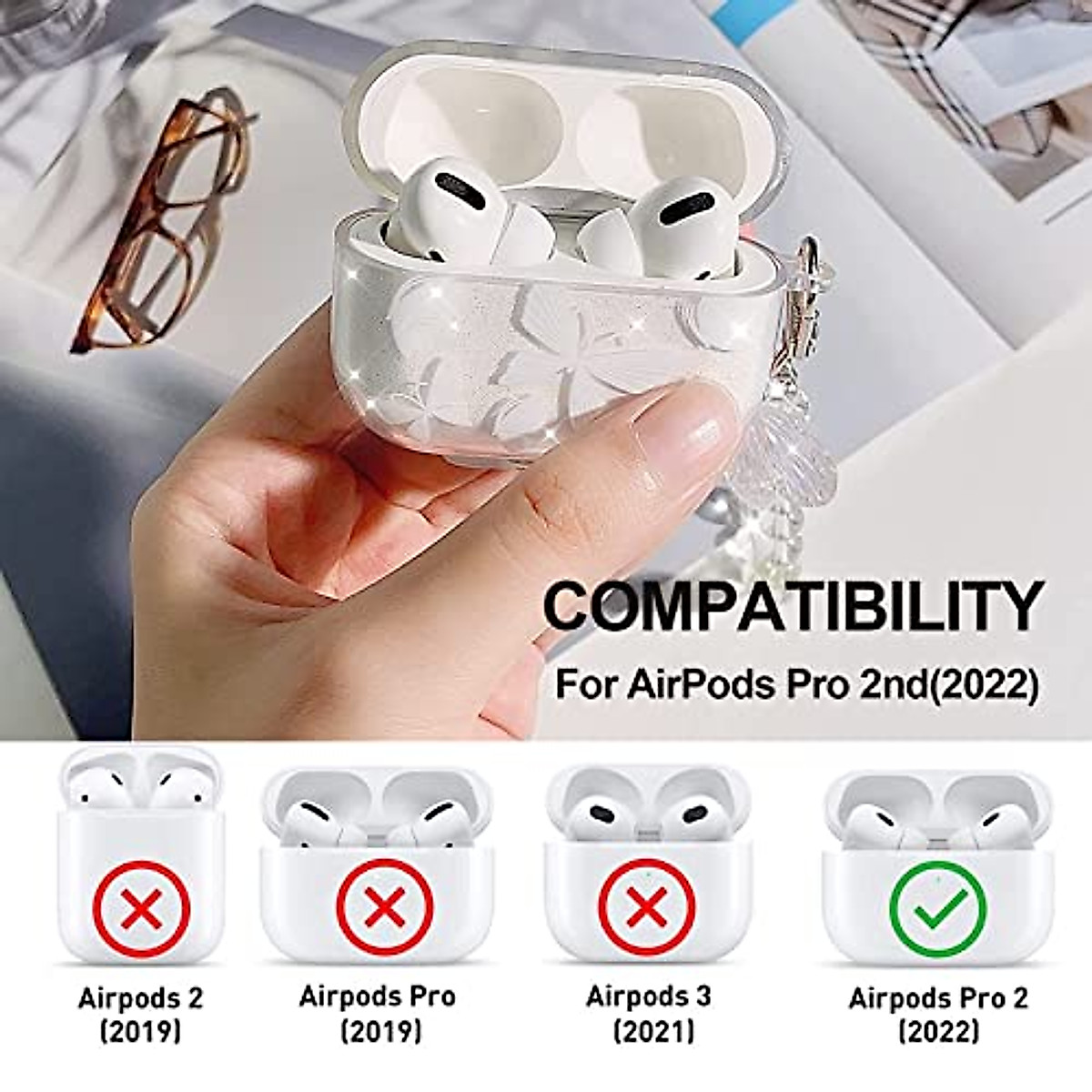 Compatible Butterfly Airpods Pro 2 2022,Airpods Pro 2nd Generation, Airpods Pro 2 Case Clear Cute Cover with Beaded Keychain for Women Girls (Airpod Pro 2 )