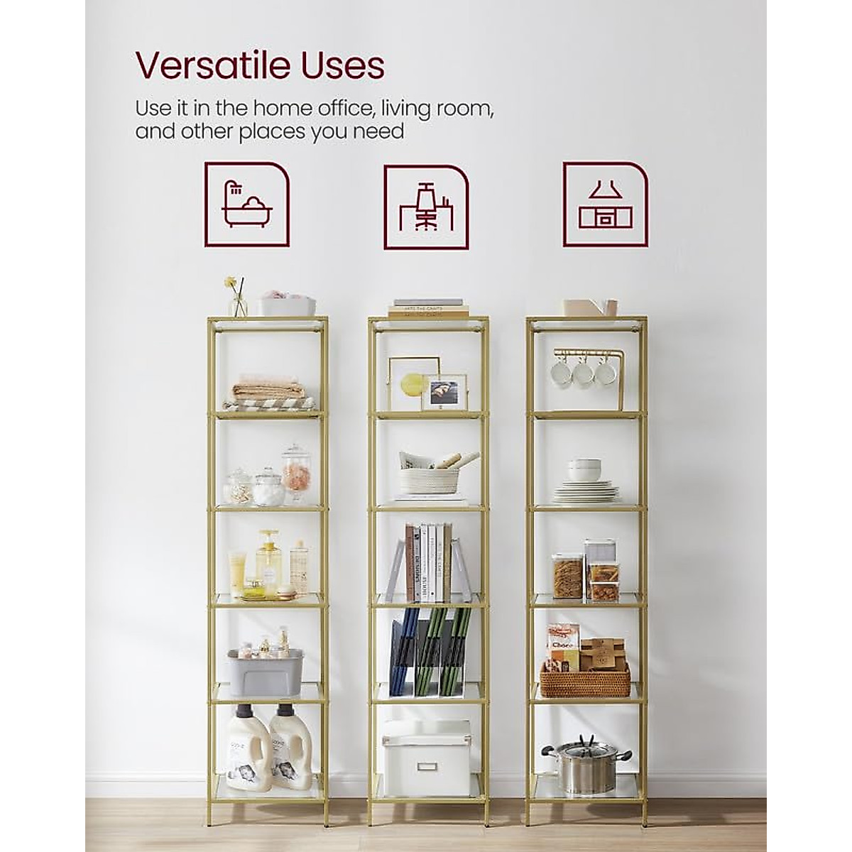 VASAGLE Bookcase, 6-Tier Bookshelf, Slim Shelving Unit for Bedroom, Bathroom, Home Office, Tempered Glass, Steel Frame, Gold Color ULGT500A01