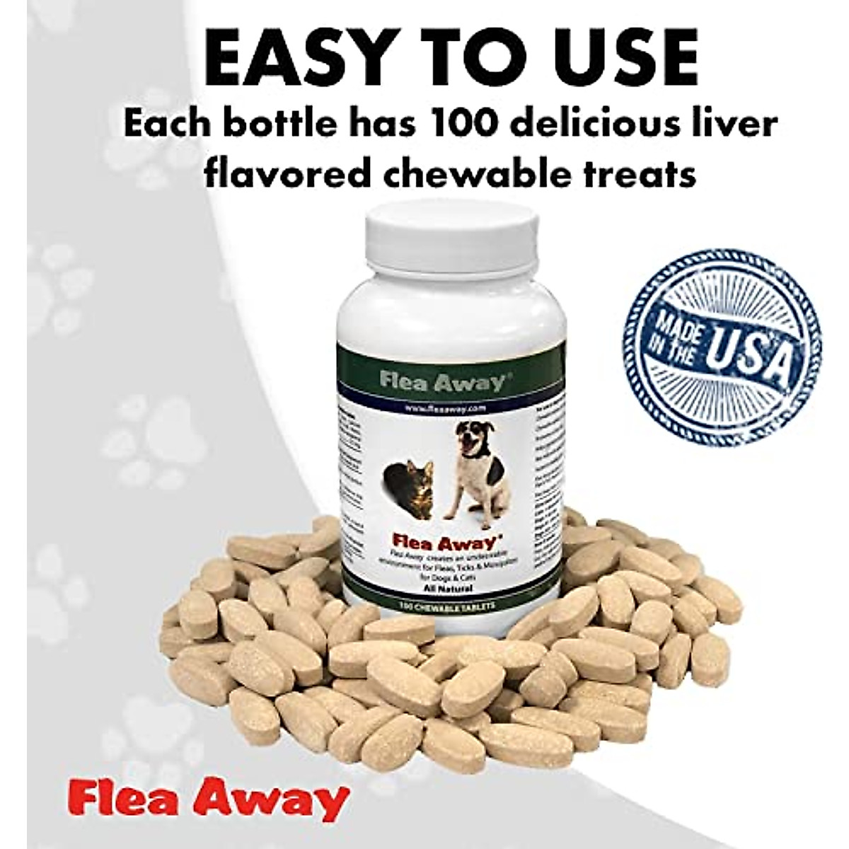 Flea Away All Natural Supplement for Fleas, Ticks, and Mosquitos Prevention for Dogs and Cats, 100 Chewable Treat Tablets, Single