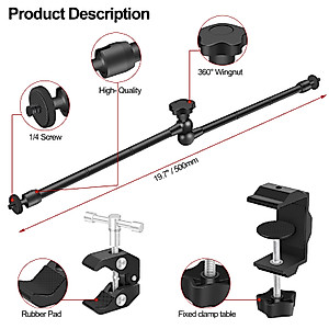 Toolour Magic Arm Camera Mounts Clamps w/ 1/4" and 3/8" Thread, 19.7” Adjustable Friction Power Articulating Arm with 2.6" Super Clamp for LCD Monitor/LED Light/Camera Video Rig/Smartphone