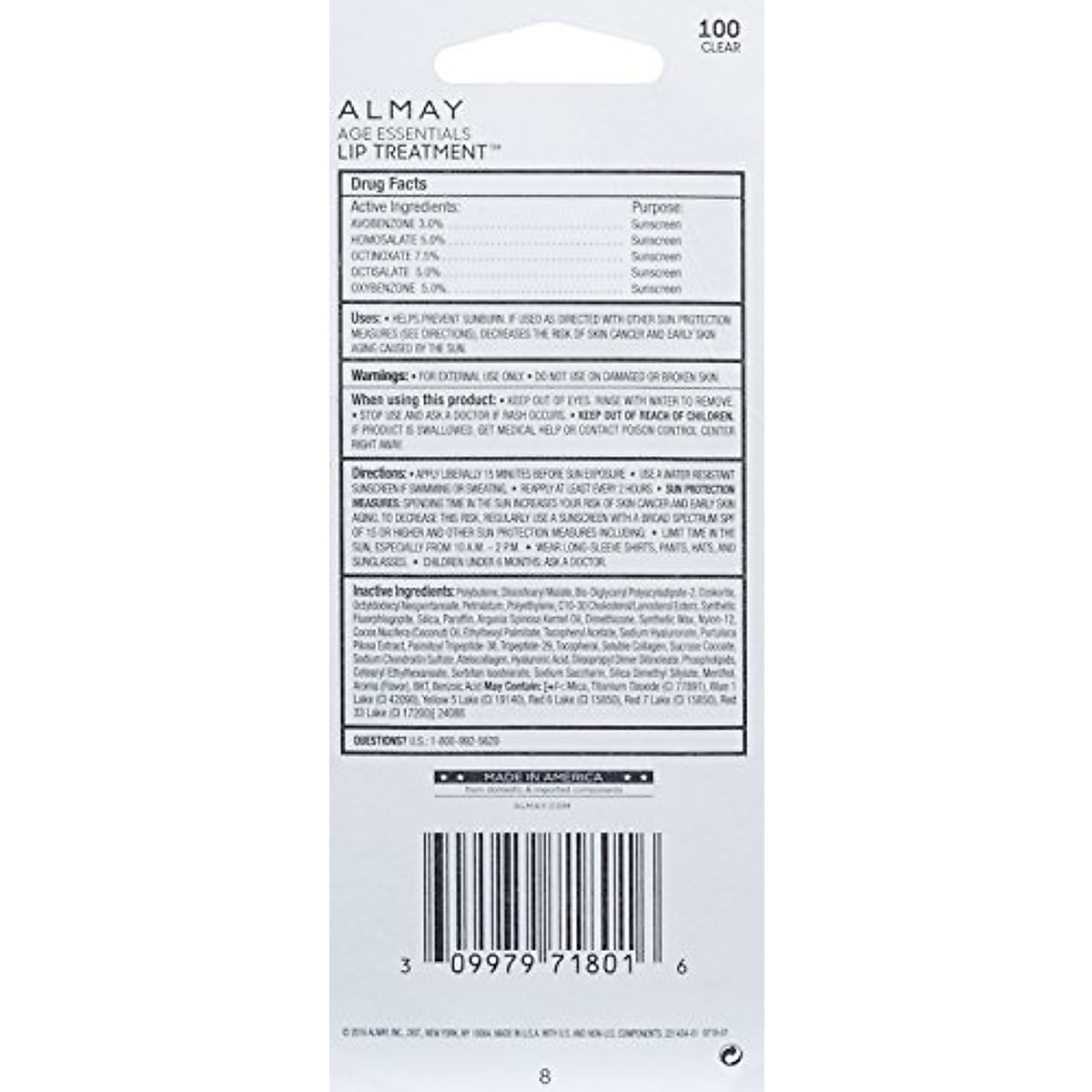 Almay Lip Treatment, Age Essentials, Spf 30, Hypoallergenic, Fragrance Free,100 Clear, 0.24 Oz