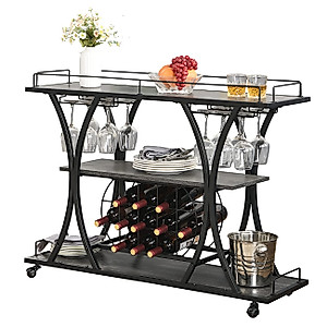PAG Freestanding Floor Wine Rack with Wine Glass Holder,3 Tier Coffee Bar Cabinet for Home/Kitchen/Living Room/Dining Room,Dark Gray