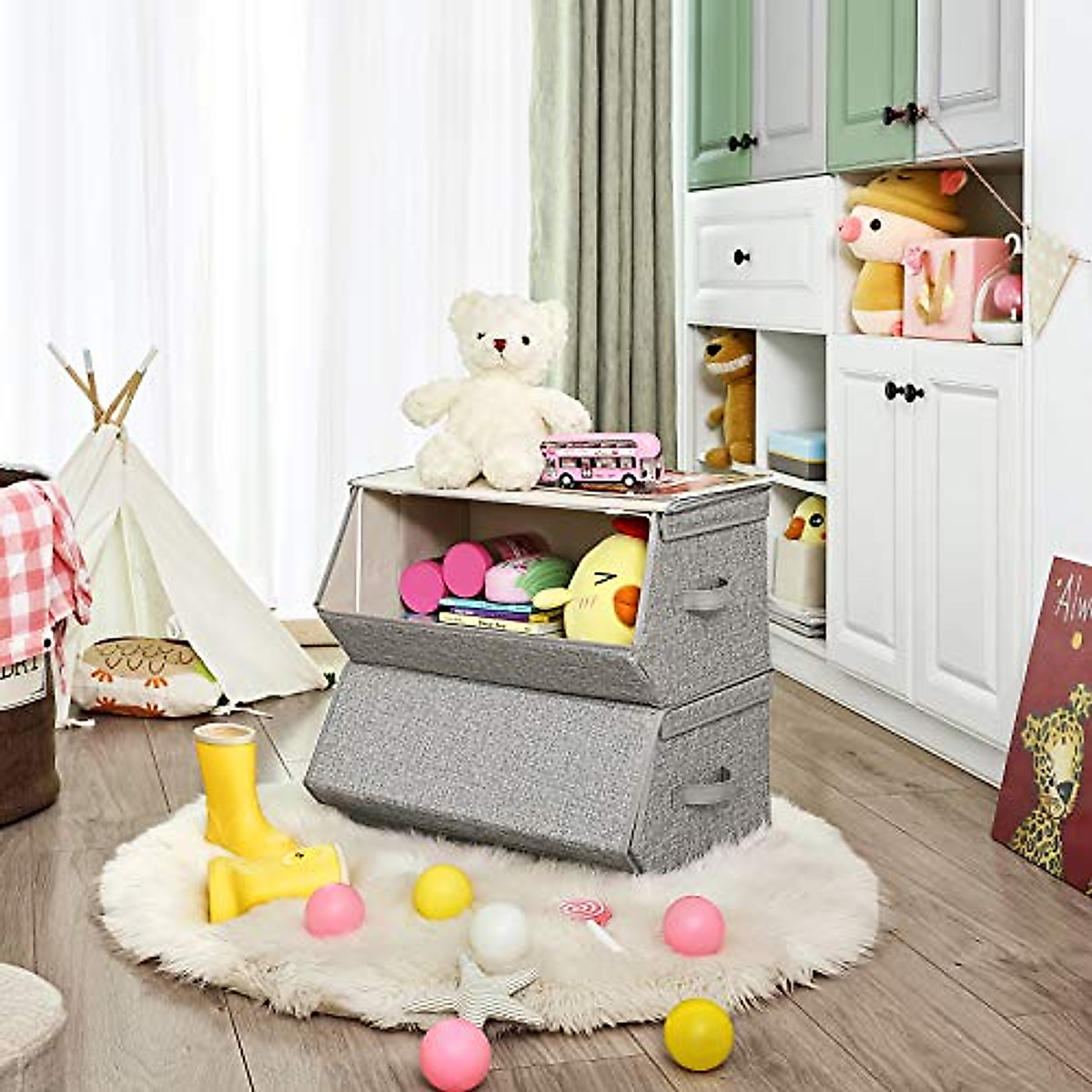 SONGMICS Stackable Storage Bins, Set of 2 Fabric Storage Boxes with Lids, with Magnetic Closures, Lid Can Stay Open after Stacking, ‎19.7 x 13.8 x 9.8 Inches, Light Gray URLB03GY