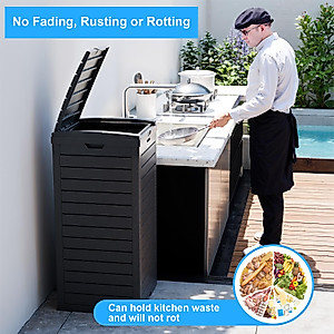 MAIUSCOLI Outdoor Trash Can with Lid, Outdoor Trash Bin & Pull-Out Liquid Drawer, Dual Lid Closure Design, Waterproof Resin Garbage Can Container for Patio, Backyard, Deck (Black, 31)