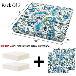 Magpie Fabrics Indoor Outdoor Waterproof Square Chair Cushion, 18" x 18" x 2.5", 2 Pack, Water Resistant Seat Cushions, for Patio Garden Office, Paisley Blue