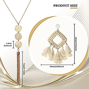 3 Pcs Women's Crossbody Straw Bag Straw Shoulder Bag Bohemia Rattan Tassel Earrings Pendant Tassel Long Hollowed Out Necklace (White)