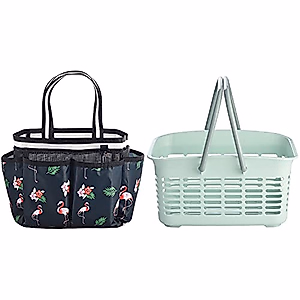 ALINK Flamingo Mesh Shower Caddy Basket + Green Plastic Shower Caddy Basket