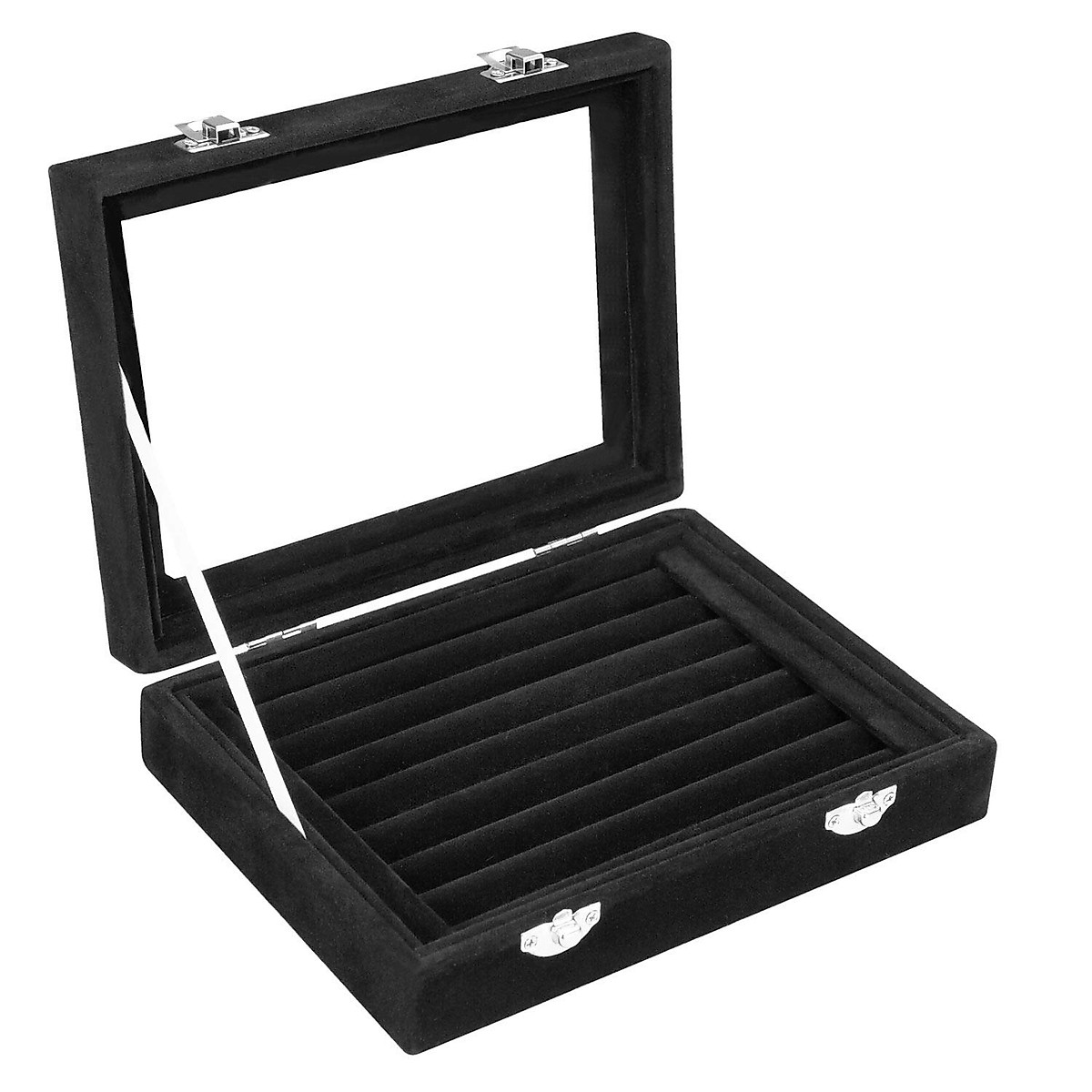 Basuwell Earring Storage 7 Slots Velvet Jewelry Tray for Drawers Glass Clear Lid Showcase Display Ring Organizer Earring Ring Trays Holder Cufflink Showcase-Black