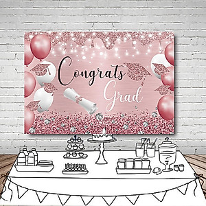 MEHOFOND 7x5ft Rose Gold Congrats Grad Backdrop Graduation Decorations Class of 2024 Ceremony Banner Pink and White Balloons Prom Supplies Photography Studio Props