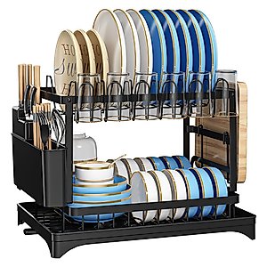 Stoigeld 2-Tier Dish Drying Rack with Utensil Holder,Stainless Steel Dish Rack with Drainboard for Kitchen Counter,Kitchen Organizers and Storage Rack (Black)
