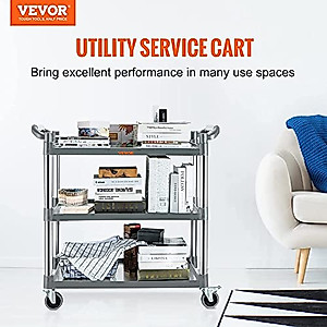 VEVOR Utility Service Cart, 3 Shelf Heavy Duty 220LBS Food Service Cart, Rolling Utility Cart with Lockable Wheels, 40" x 19.3" x 38.6" Plastic Utility Cart for Kitchen Office Restaurant Home, Grey