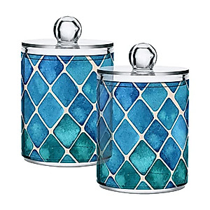 Fustylead 2 Pack Blue-green Squares Qtip Holder Dispensers, Bathroom Storage Canister Plastic Apothecary Jar Set for Cotton Swabs, Ball, Pads, Floss