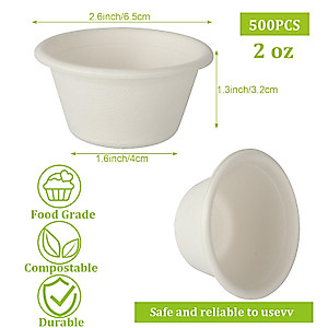 HNBun 500pcs 2oz Disposable Bagasse Fiber Souffle Cups, Natural Compostable Portion Cups Mini Food Sample Cups Tasting Cups for Condiment,Food Tasting,Medicine, White