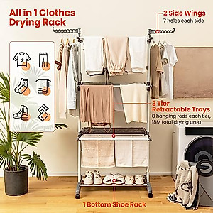 Tangkula 4-Tier Clothes Drying Rack, Collapsible Laundry Rack Stand with 2 Hanger Holders, 3 Tier Retractable Trays, 1 Bottom Shoe Rack, Movable Garment Drying Station with 4 Castors (Silver)