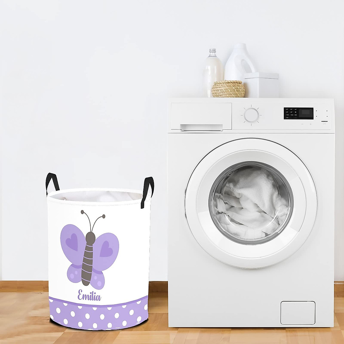 Personalized Laundry Basket Hamper,Butterfly Dots Purple,Collapsible Storage Baskets with Handles for Kids Room,Clothes, Nursery Decor
