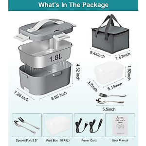 Dicorain Electric Lunch Box, 80w 1.8L Heated Lunch Box for Truck/Car/Office/Home/Work, 12/24/110v 3 In 1 Portable Food Warmer Lunch Box with Removable SS Container, Fork & Spoon (Grey)