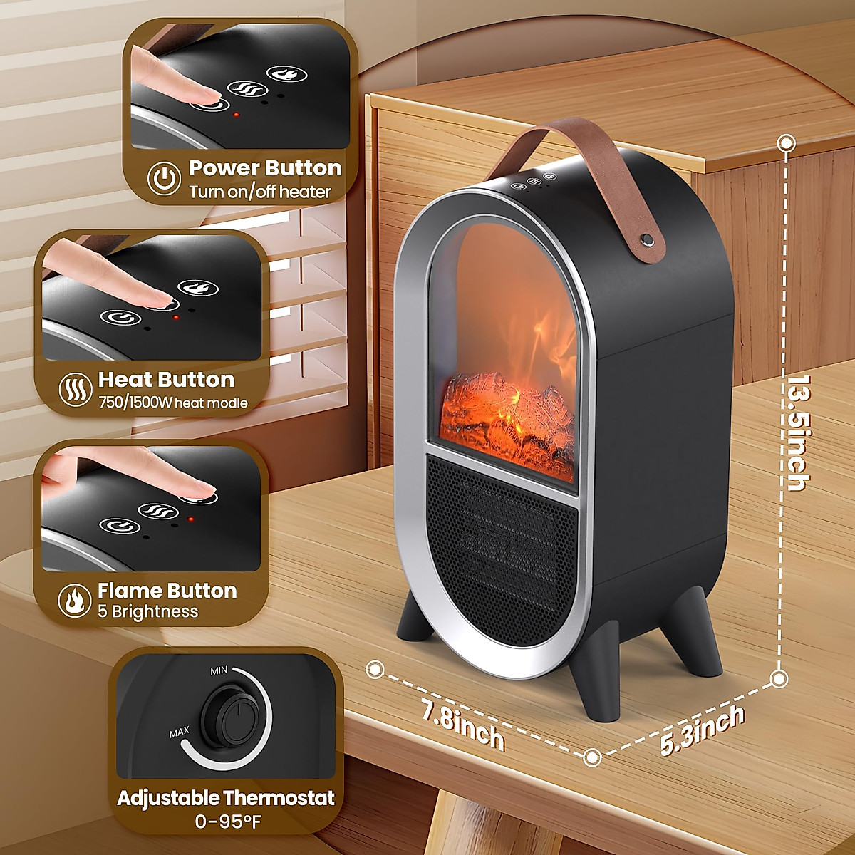 Riseon Small Space Heater for Indoor Use, 1500W/750W Portable Electric Fireplace Heater with 3D Flame, Ceramic Heater Fan with Thermostat Overheat & Tipover Protection for Home Office Room Desk, Black