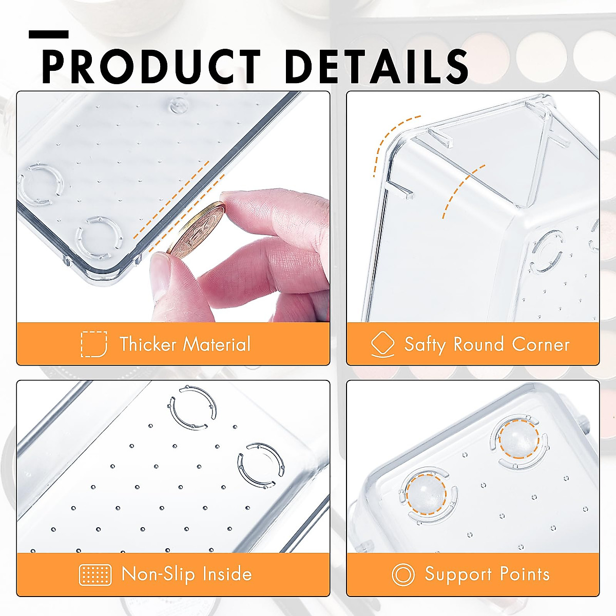 HOUSE DAY Desk Drawer Organizer Bins 6 PCS, 9*6*2" Clear Drawer Organizers with Silicone Pads, Vanity Organizers and Storage, Non Slip Plastic Drawer Organizer for Makeup, Bathroom, Kitchen, Office