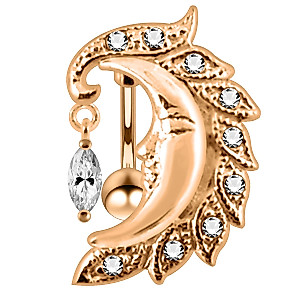 3 Micron 18K Rose Gold Plated Clear Crystal Stone Tribal Moon Reverse Bar Design 925 Sterling Silver Belly Button Ring