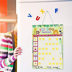 Navaris Kids Magnetic Reward Chart - Behavior Rewards Weekly Bedtime Chore Home Planner for Children - with Stars, Activity Magnets, Pen - Zoo Design
