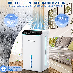 Dehumidifiers for Home, Up to 800 Sq.ft, 86oz Water Tank, Dehumidifiers for Bedroom with Essential Oil Diffuser, 7 Color LED Light, 24H Timer, Auto Shut-off, Ideal for Bathroom Basement Closet RV