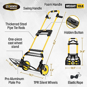 Upgraded Folding Hand Truck and Dolly, 270LB Capacity Foldable Hand Truck with Telescoping Handle & Silent TPR Wheel, Portable Dolly Cart with Non-Slip Aluminum Plate & Elastic Rope for Moving, Office