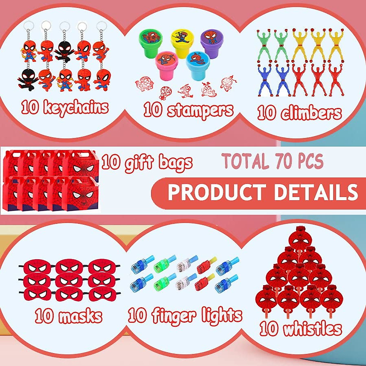 Andzerolief Spider Birthday Party Favors Supplies- (70 Pcs) Keychains, Stamps, Blower Whistles, Masks, Goodie Bags, Sticker Wall Climbers for Classroom Rewards Carnival Christmas Prizes Gifts for Kids Boys Girls - Serve 10 Guests