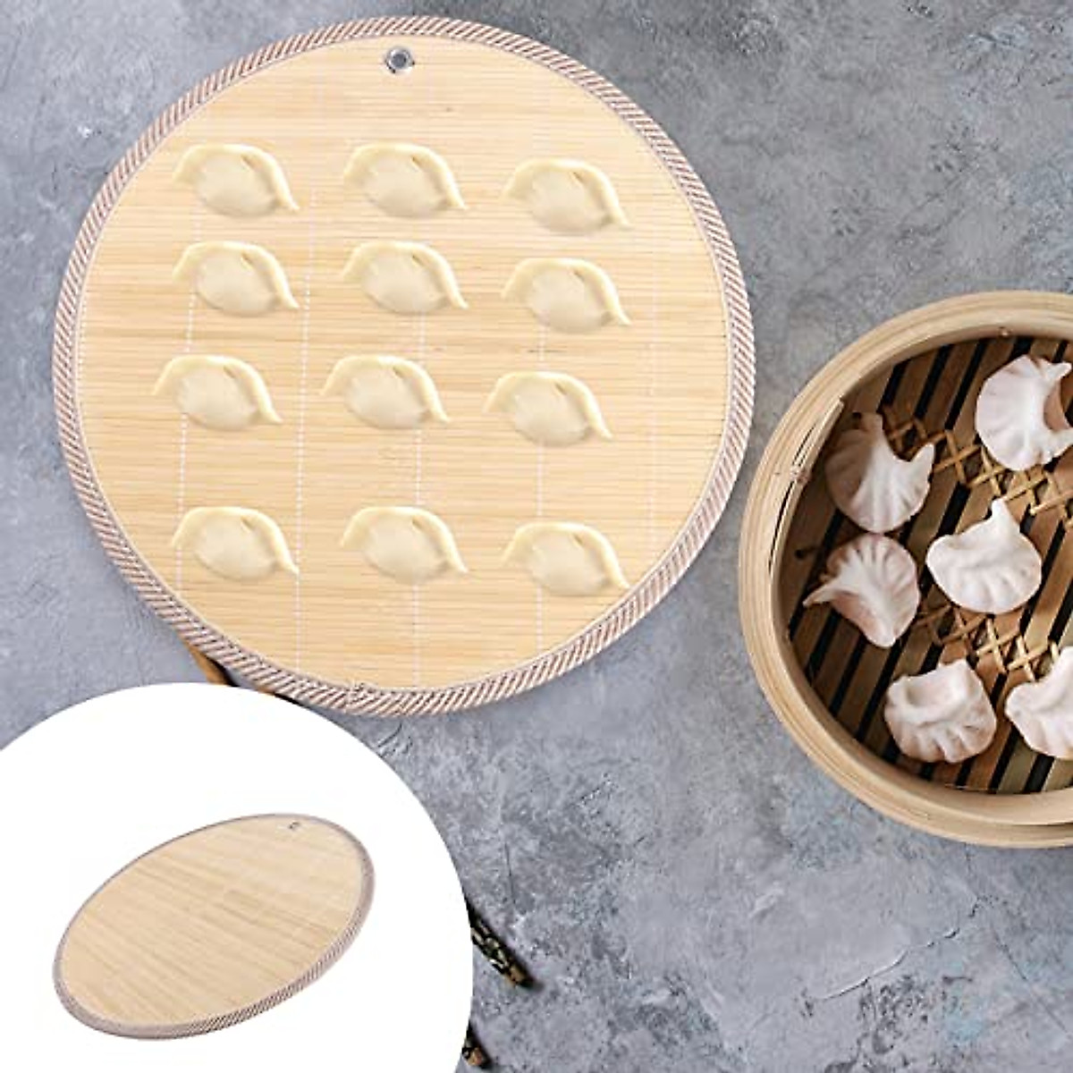2Pcs Bamboo Dumpling mat Wood Serving Tray Round Dumpling Serving Platter Coffee Table Serving Tray Handmade Rattan Food Tray for Chinese Dumplings mat Kitchen Bamboo Steamer Liner (Khaki)
