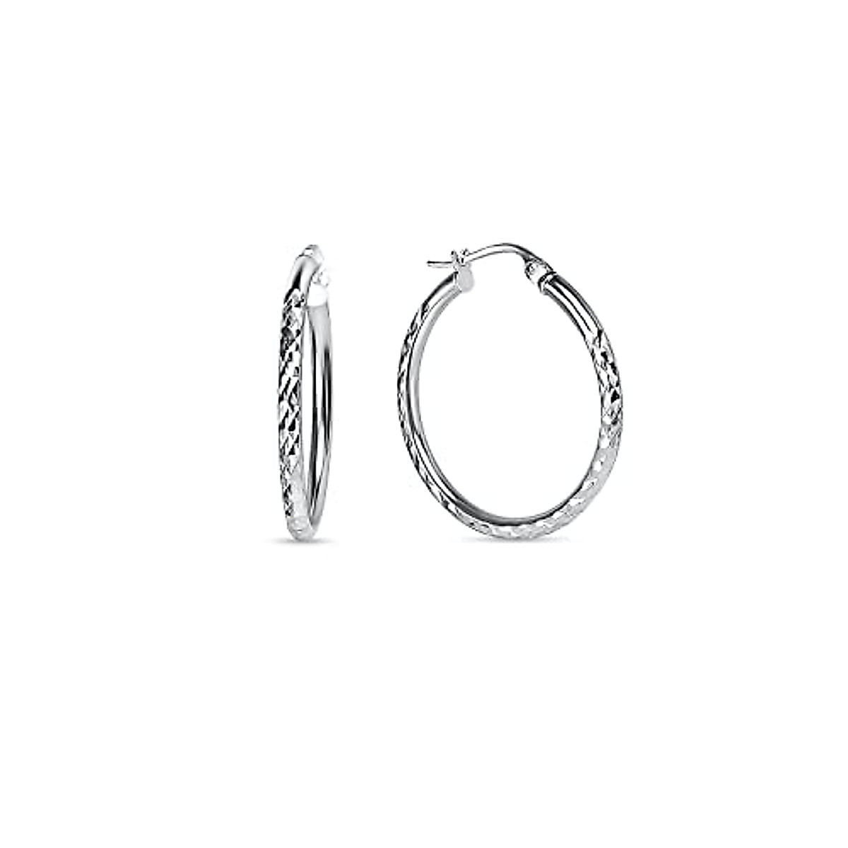 Sterling Silver Hoop Earrings for Women Girls 1 Inch, Diamond-cut Textured Design 2mm wide by 25mm Diameter