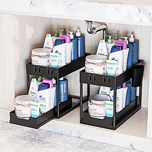 HomeCentral Under Sink Organizers and Storage, 2 Tier Kitchen and Bathroom Cabinet Organizer with Paper Towel Holder, 2 Pack Under Sink Organizer with Hooks, Cups and Pull Out Drawers