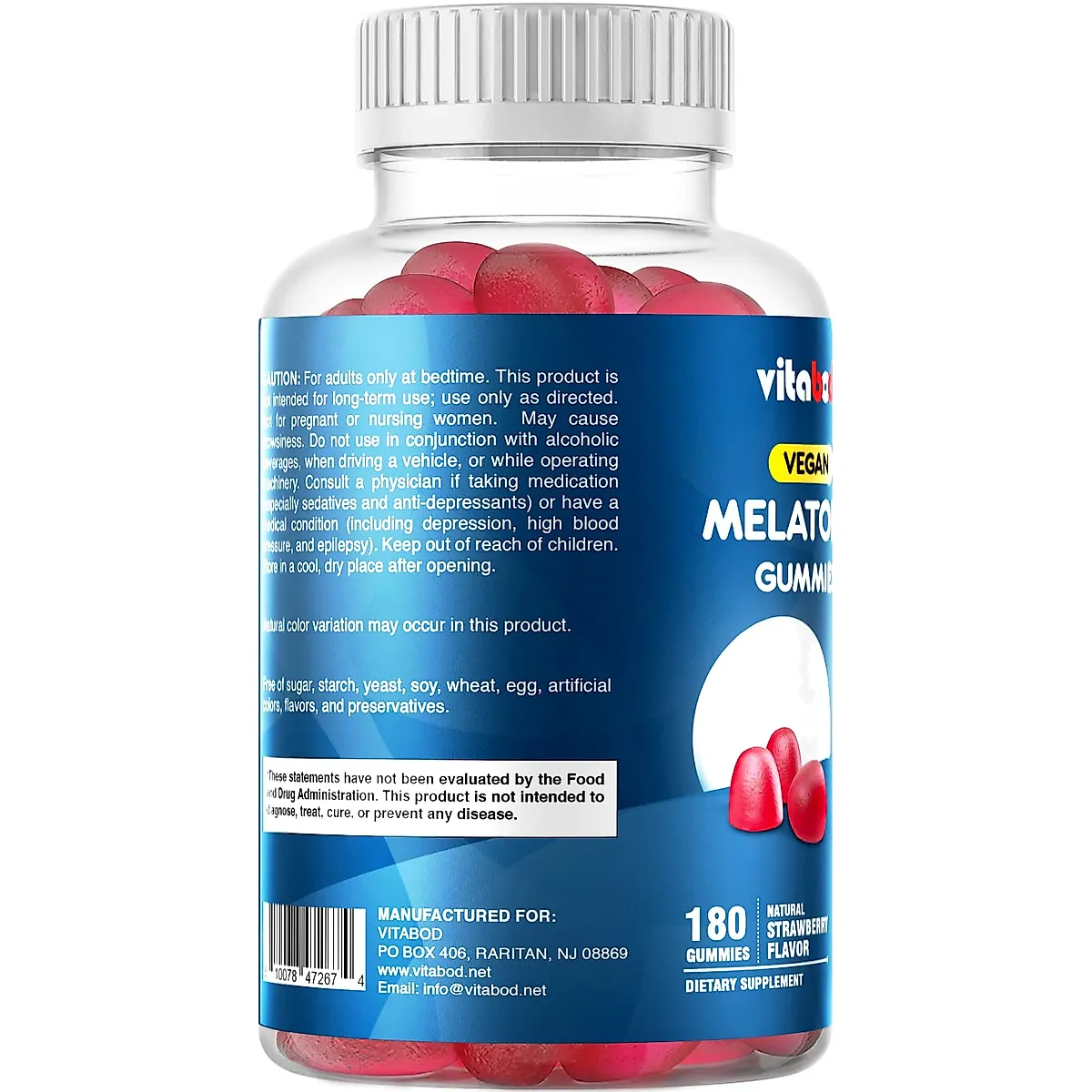 Vitabod Melatonin 20mg Gummies - 180 Count - Drug Free - Natural Strawberry Flavor - Vegetarian, Non-GMO, Gluten Free (1 Bottles)