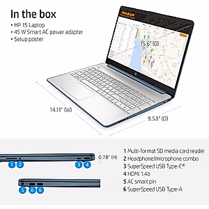 HP 15.6 Inch Laptop for College Students, School, Intel Core i3-1115G4, 16GB RAM, 1TB SSD, Windows 11 Pro, WiFi, HDMI, Webcam, SD Card Reader, Spruce Blue, PCM