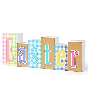 FINGOOO Easter Wooden Signs for Home Decor, 14.2"L Colorful Wooden Block Signs Tabletop Decorations Centerpieces for Party Dining Room Tiered Tray