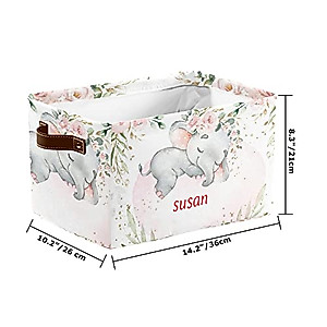 Personalized Pink Flower Elephant Storage Basket Bin with Name Large Storage Cube Box with Handles for Home Office Bedroom Closet Shelves(1 Pack)
