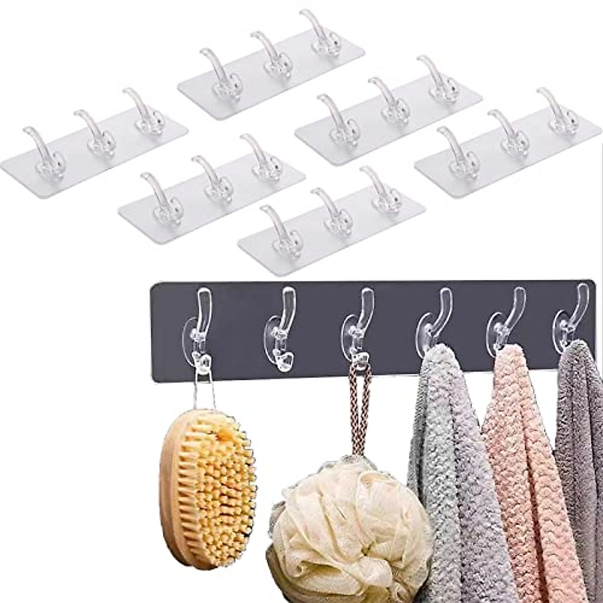 Multifunctional Transparent 6 Hooks,Transparent Adhesive Row Hooks,Punch-Free Wall-Mounted Hook, Kitchen Bathroom Hooks Waterproof Wall Hooks (3Hooks(6pcs))